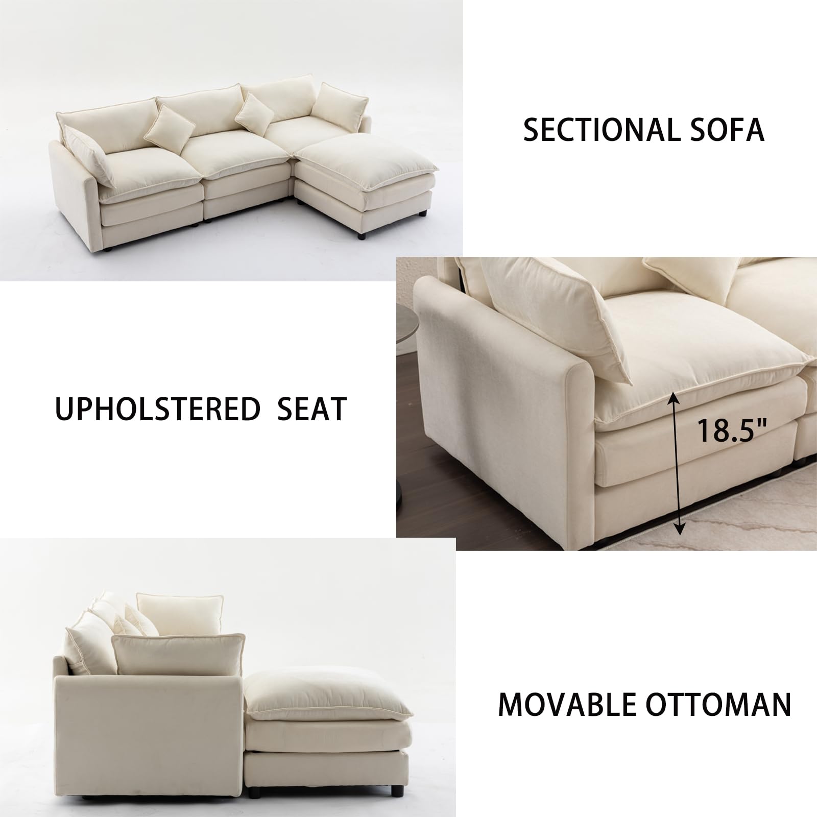 Deep Seat Sectional Sofa Cloud Couch with Movable Ottoman, 101.8" Modern Chenille Comfy Upholstered Modular Sofa L Shaped Couch for Living Room, Apartment, Office (Beige)
