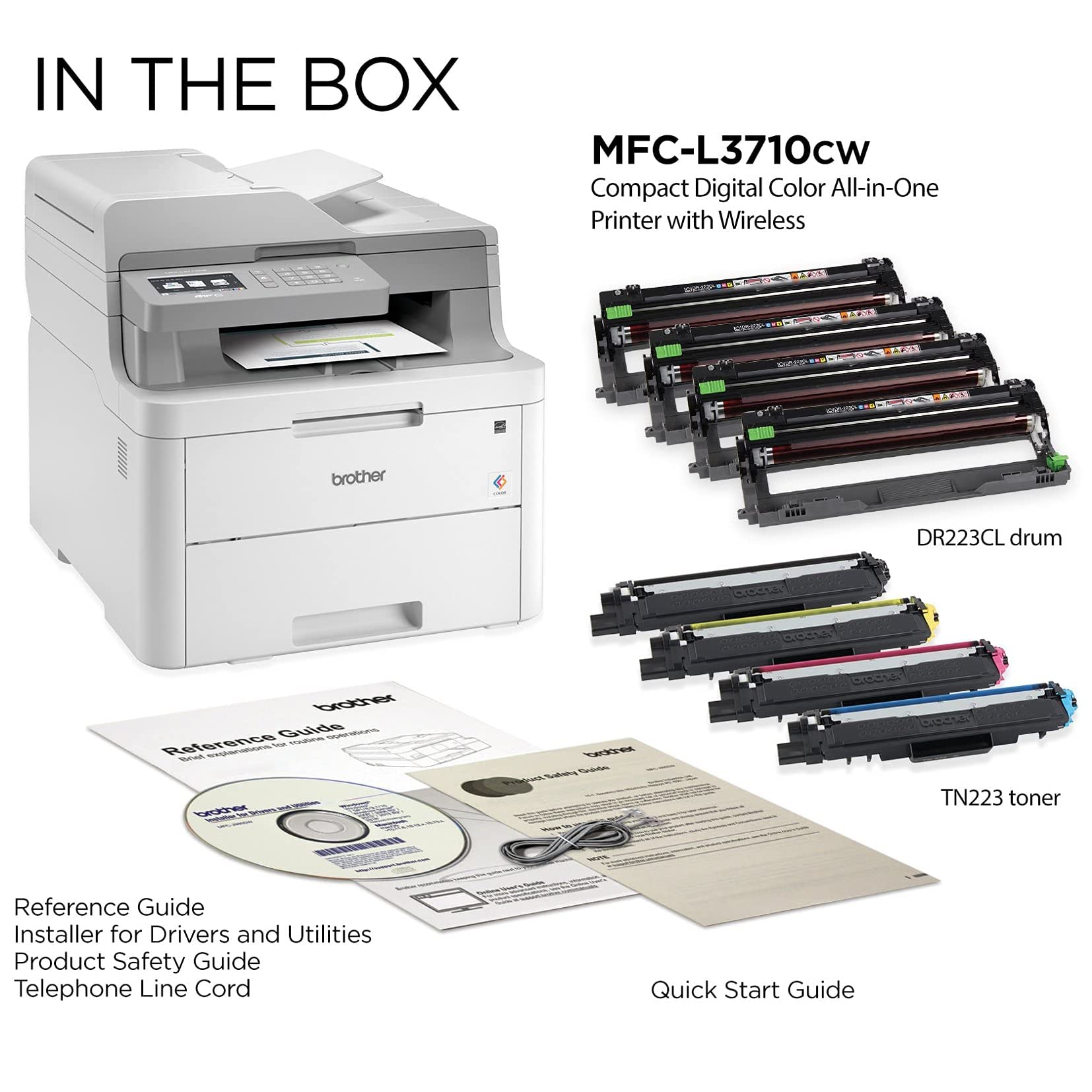 Brother MFC-L3710CW Wireless All-in-One Digital LED Color Laser Printer, White - Print Copy Scan Fax - 600 x 2400 dpi, 3.7" LCD Touchscreen Display, 19 ppm, 8.5 x 14, 50-Sheet ADF, 250-sheet