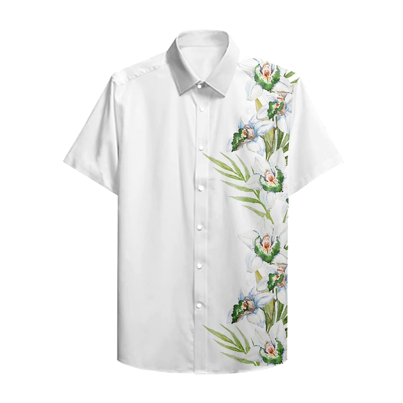 Casual Men's Loose Lapel Print Color Contrast Short Cuff Button Shirt Sand Beach Hawaiian Summer Top