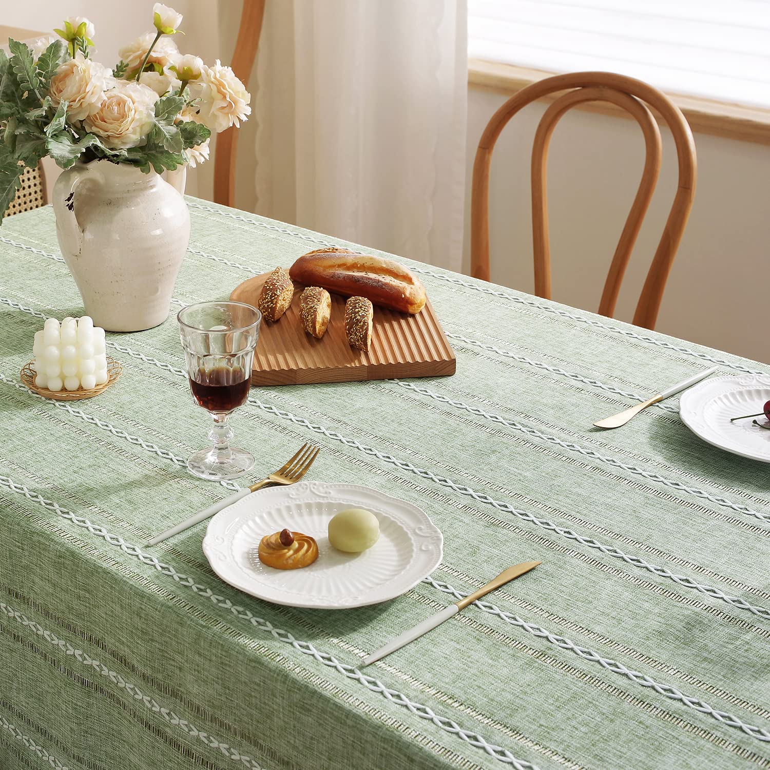 Chassic 60 x 84 inches Farmhouse Style Linen tablecloths, Wrinkle Resistant Washable Dining Room Table Cloths for Rectangle Tables - Hemstitch Sage Green