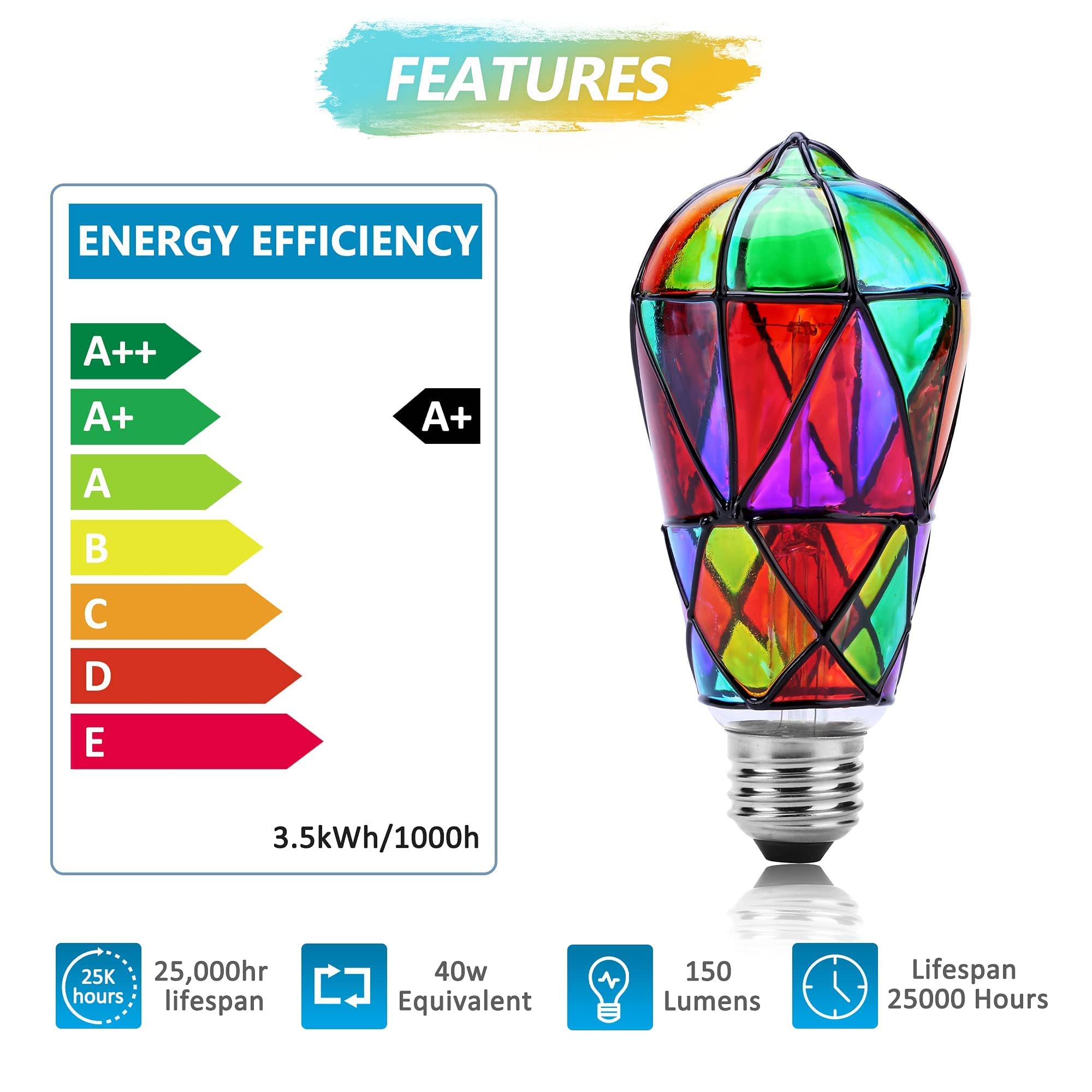 Kitmose 4 Pack Stained Glass Light Bulbs, LED Edison Light Bulb E26 3.5W Replacement Light Bulbs Tiffany Style for Bedroom Living Room Home Christmas Decoration