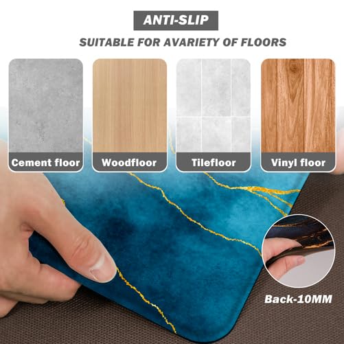 chiinvent Blue Kitchen Rugs Gold Stripes Modern Ink Art Decor Kitchen Floor Mat Cushioned Memory Foam Padded PVC Leather Heavy Duty Comfort Standing Runner Rugs, 17.3x28+17.3x47 inch