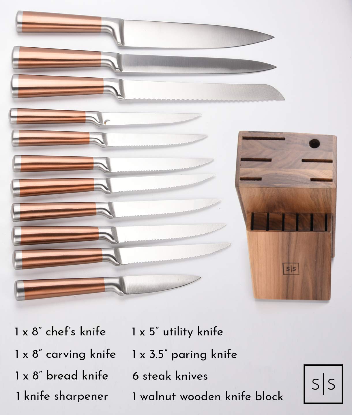 Copper Knife Set with Walnut Knife Block - Premium 13 PC Stainless Steel Knife Sets for Kitchen with Block - Rose Gold Knife Set With Block, Rose Gold Kitchen Accessories & Copper Kitchen Accessories