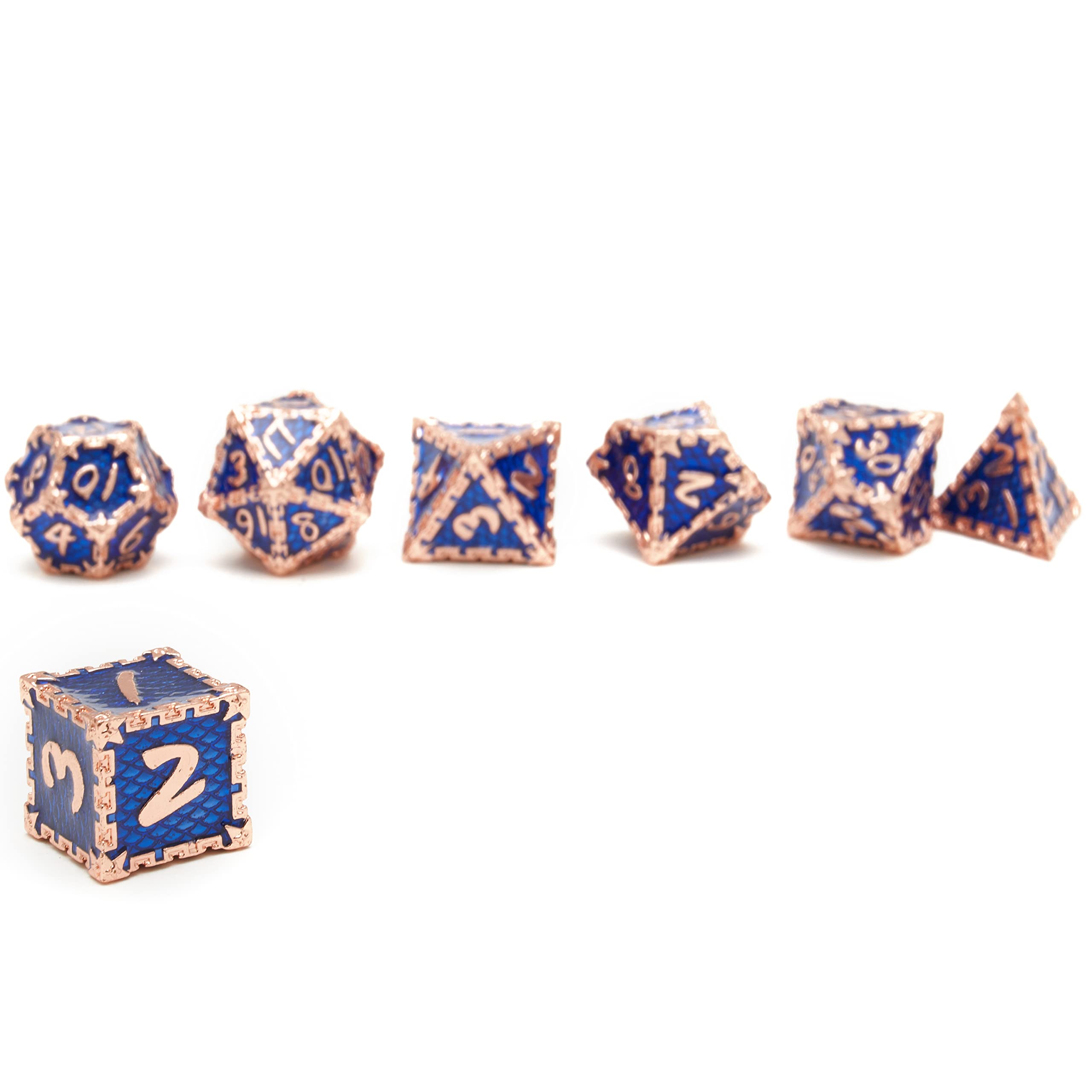Ouyide Metal dice, DND dice Set, Dragon Skin Scale Iron Chain, Suitable for Role-Playing Dungeons and Dragons dice Set Game(Rose Gold Rim + Blue)