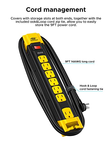 CRST 7-Outlet Heavy Duty Surge Protector Power Strip with Flat Plug, 9 feet Long Extension Cord for Home Garage Industrial Workshop, 1350 Joules, 15A Circuit Breaker