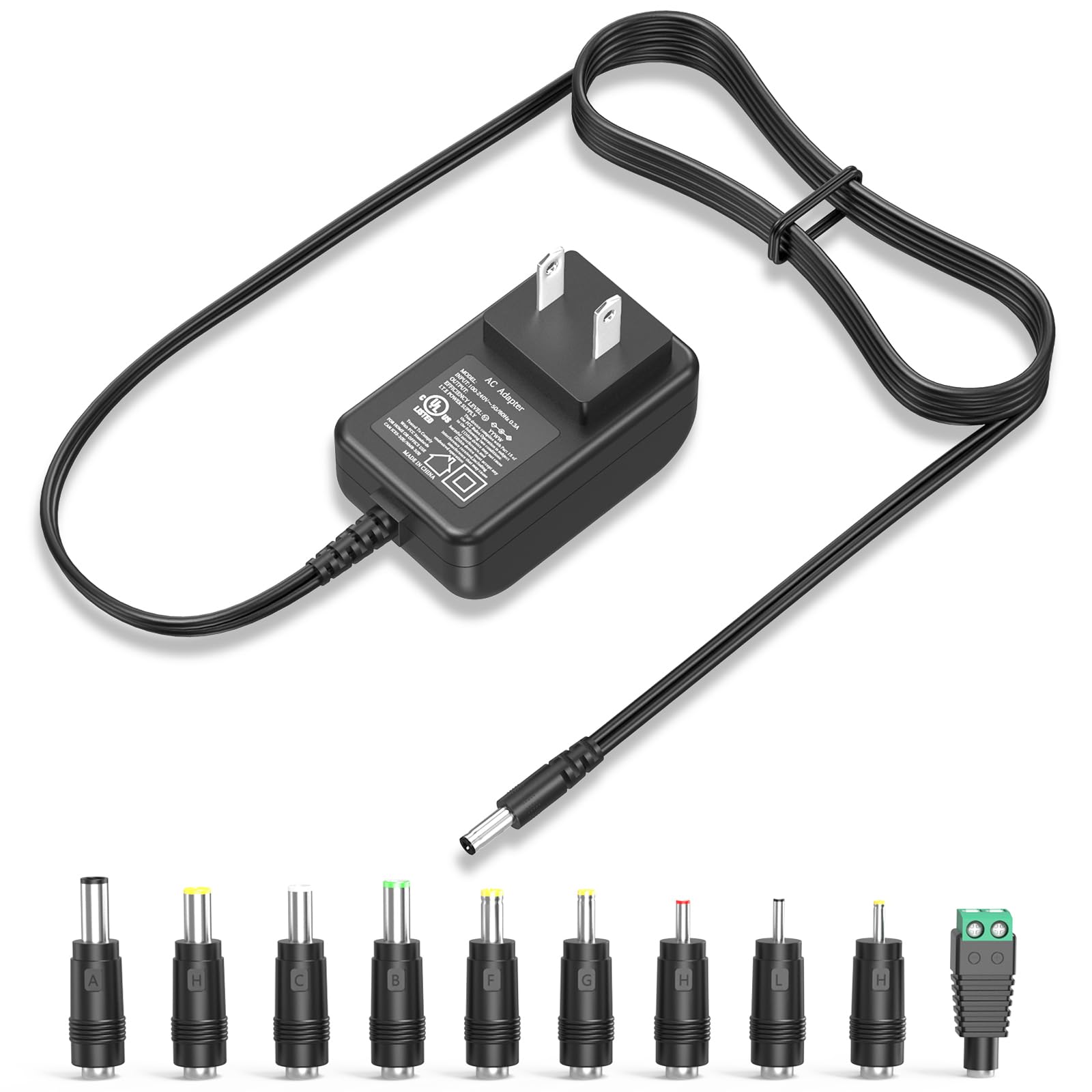 PERFEIDY 9V 1A 0.8A 0.5A Charger 9.0V 1.0A AC Adapter 9W Switching Power Supply DC 9V 1000mA 800mA 600mA 500mA 300mA Adaptor Regulated Transformer Cord with 10 Interchangeable Jacks Plug UL Listed
