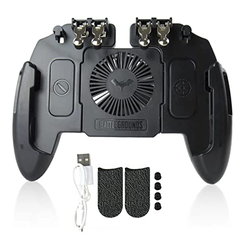 JRSHOME Mobile Game Controller with Cooling Fan/Phone Holder/Finger Sleeves for PUBG/Fortnite/Call of Duty, Mobile Triggers for 4.7β-6.5β iOS Android Phones