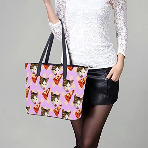 Cat Pizza Lover Women's Tote Bag PU Leather Shoulder Bag Handbags Purse For Work Shopping Travel