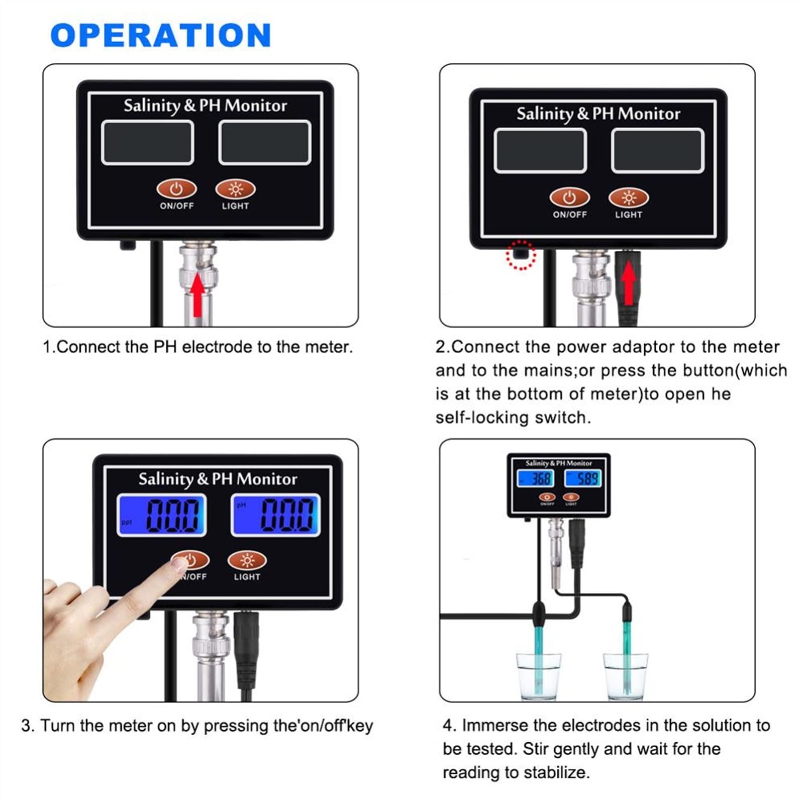 Digital Tester PH Salinity Monitor 2 in 1 Aquarium Water Quality Meter Seawater Salt Tester for Pool Spa Fish Pond Aquaculture