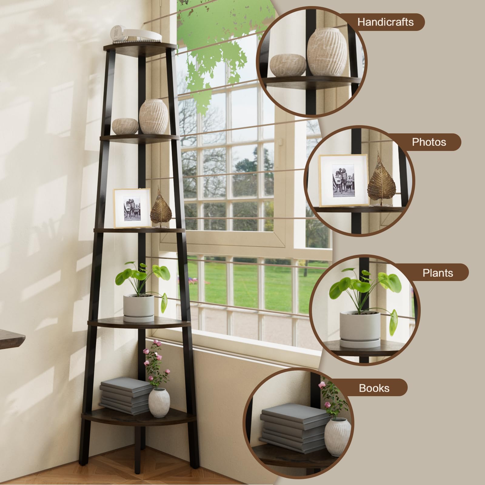 Corner Shelf Stand,5-Tier Corner Bookshelf Storage Standing Unit with Metal Frame,Corner Bookcase Plant Stand for Living Room,Bathroom,Home Office,Bedroom,Rustic Brown