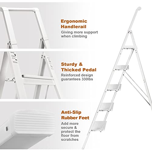 HBTower 5 Step Ladder, Aluminum Ladder with Handrails, Folding Step Stool for Adults, 330LBS Capacity Sturdy& Portable Ladder for Home Kitchen Library Office, White