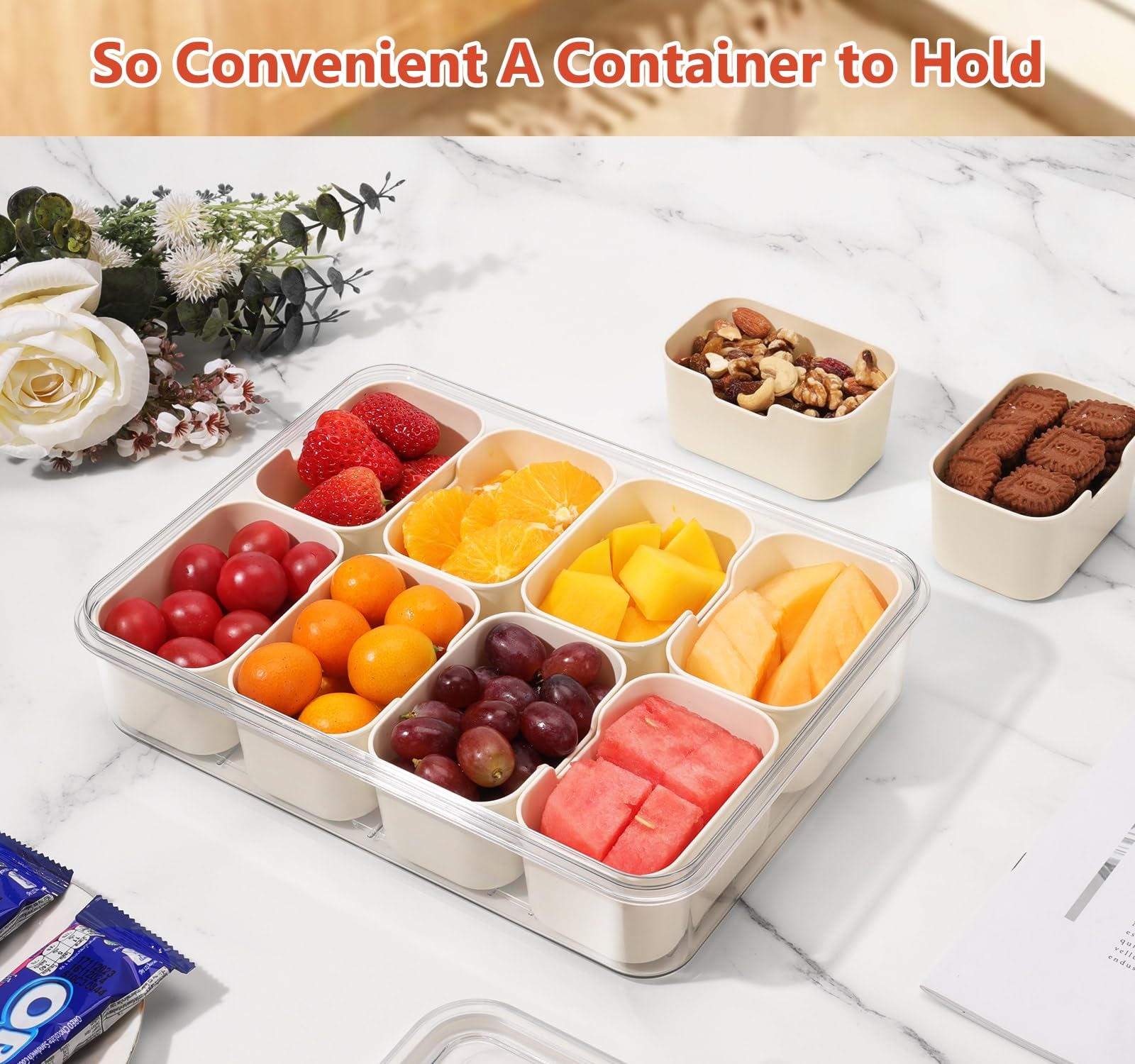 TOGGOT Portable Snackle Box Container - Divided Serving Tray with Lid and Handle, Clear Snack Box Organizer for Fruits, Candy, Charcuterie, Snacks - Ideal for Party, Travel & Beach - 2 Pack