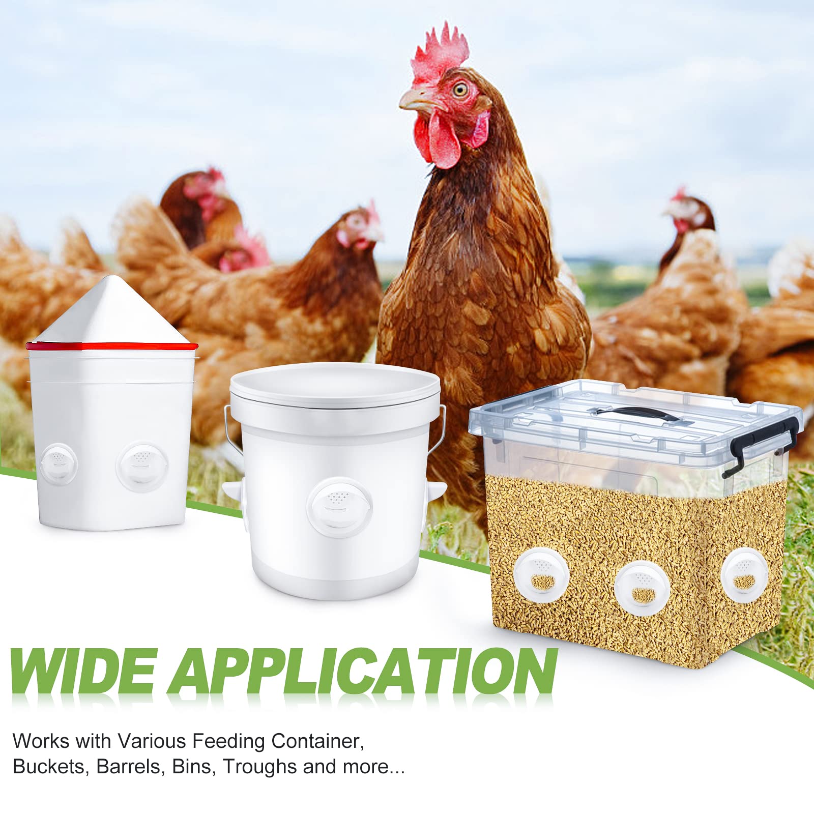 Chicken-Feeder,Chicken-Feeders-no-Waste,Chicken-Feeder-Port, Automatic Poultry Feeder Kit for Buckets, Barrels, Bins. (No Bucket), 6 Ports and a Holesaw Included