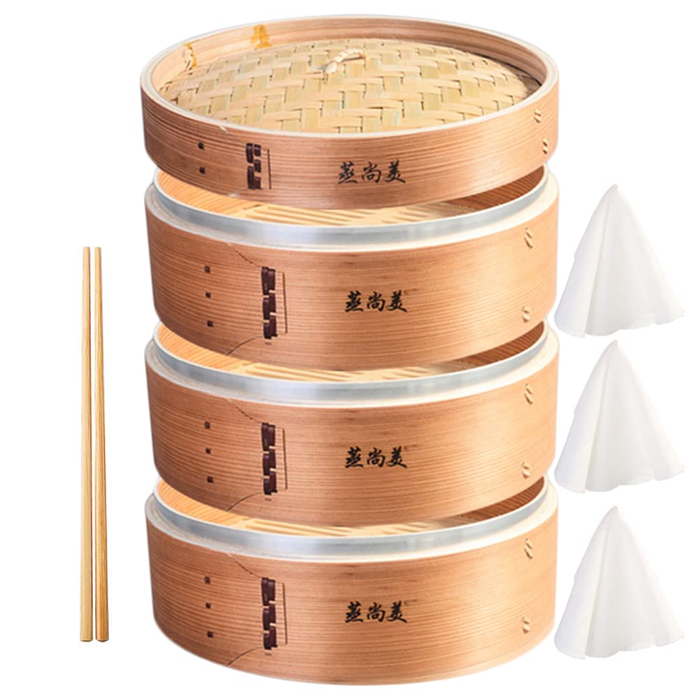 Hcooker Deepen 3 Tier Kitchen Wood Steamer with Stainless Steel Banding for Asian Cooking Buns Dumplings Vegetables Fish Rice