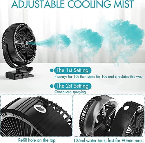 KITWLEMEN 8 Inch Misting Fan with Clip, 10000mAh Rechargeable Battery Powered, Personal Air Cooling Fan, 3 Speeds & 360° Rotatable Spray Fan with Foldable Hook for Home Office Camping Travel Jobsite