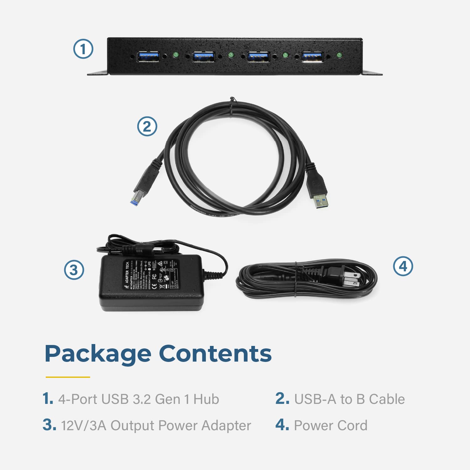 USB 3.2 Gen 1 4-Port Industrial Hub Metal Case with Screw Lock Cable Option