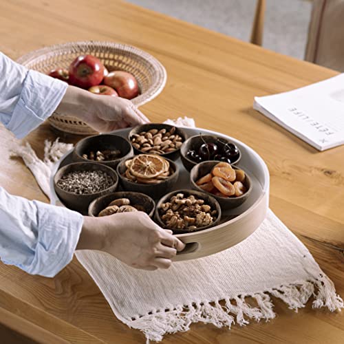 Kiwi Homie 13.78" Dia Spun Bamboo Serving Tray, Round Tray with Handles, Round Ottoman Tray, Semi White for Coffee Table, Serving Food on Home Dining Table, Restaurant (White)