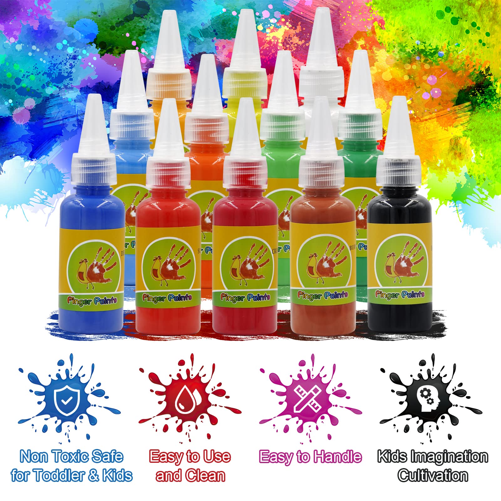 Magicdo 12 PCS Washable Non-Toxic Finger Paint for Kids Toddlers 1-3, Tempera Paint for DIY Crafts Painting, Safe Bath Paint, School Painting (12colors X 1fl oz)