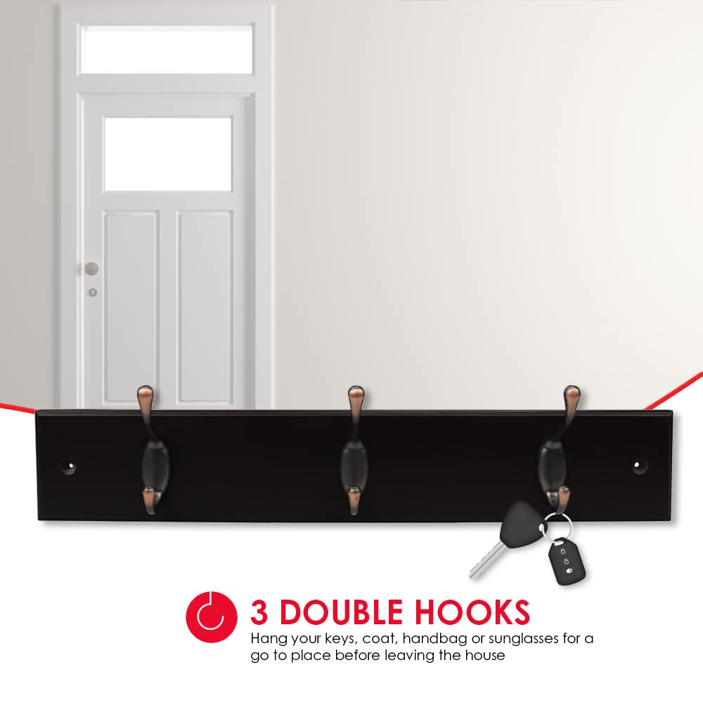 Home Basics Durable 3-Double-Hooks Wall Mounted Hanging Rack (Brown) | Place in Entry Way | Hanging in a Garage | Store Essentials Before You Leave The House