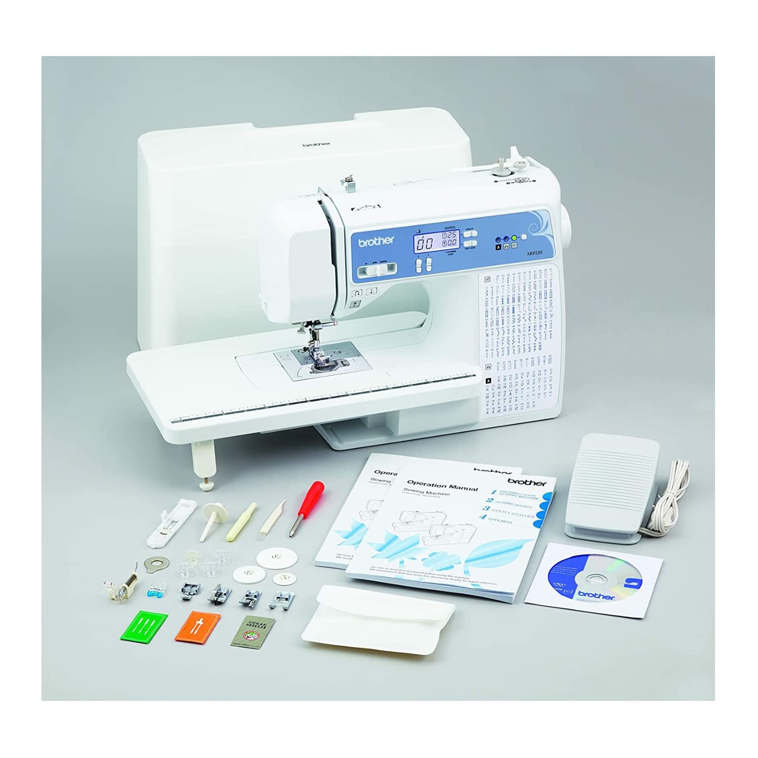 Brother XR9550 Sewing and Quilting Machine (White) Bundle with 36-Piece Bobbins and Sewing Threads with Case (2 Items)