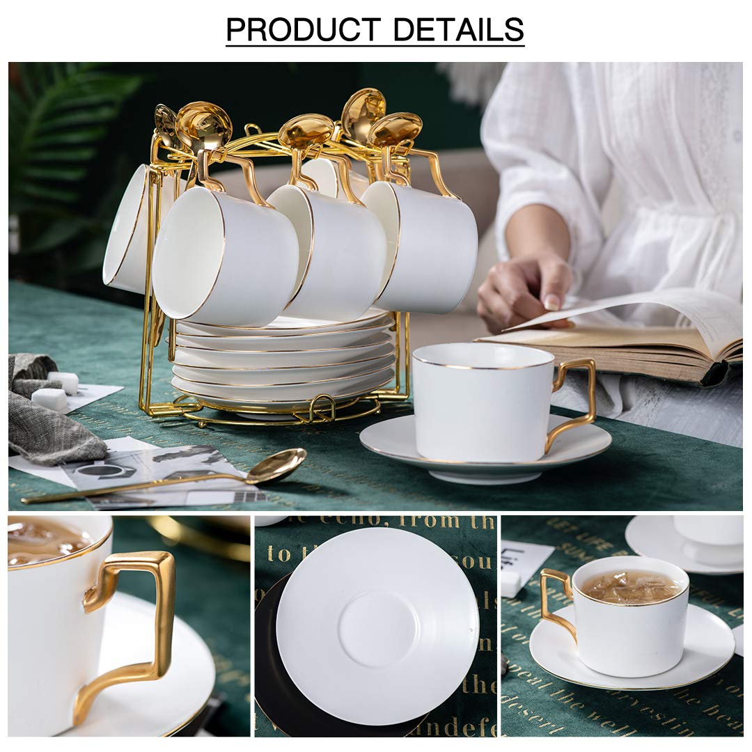 CHILDIKE Ceramic Demitasse Espresso Cups Set with Saucers and Metal Stand, 7 oz Porcelain Stackable Cappuccino Cups for Tea, Latte, Coffee, Cafe Mocha, Set of 6, Matte White