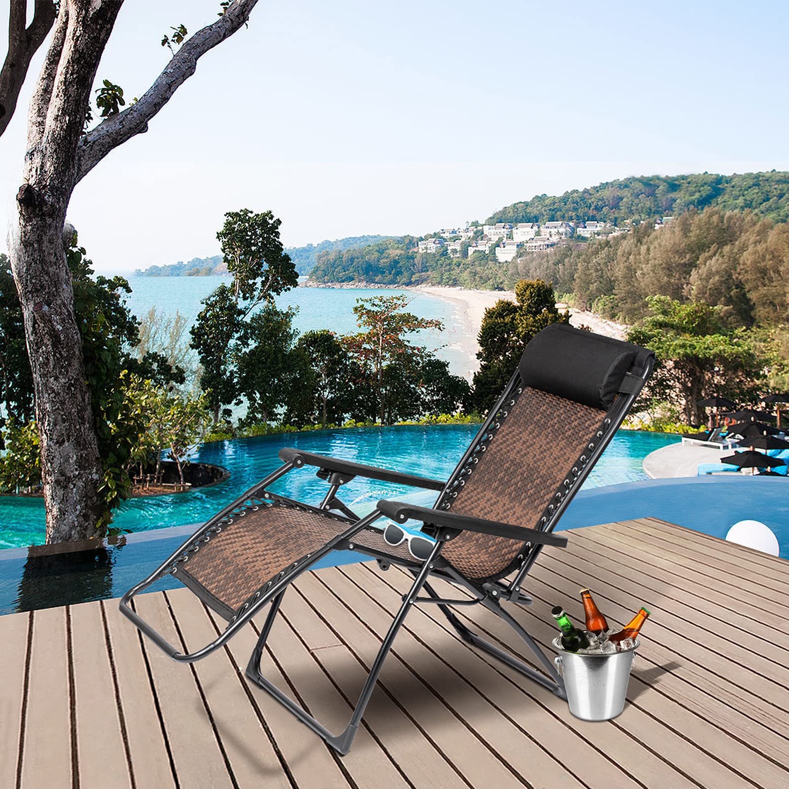Incbruce Zero Gravity Folding Recliner Chair, Adjustable Patio Lounge Chaise, Outdoor Wicker Rattan Furniture with Cup Holder and Pillow for Poolside, Yard, Beach (Brown)