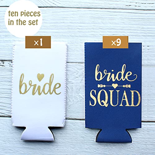 PartyGifts&Beyond 10Packs Bridemaids Can Cooler, Bride Squad Can Sleeve for Bachelorette Party Decoration(Navy Blue), 14*9