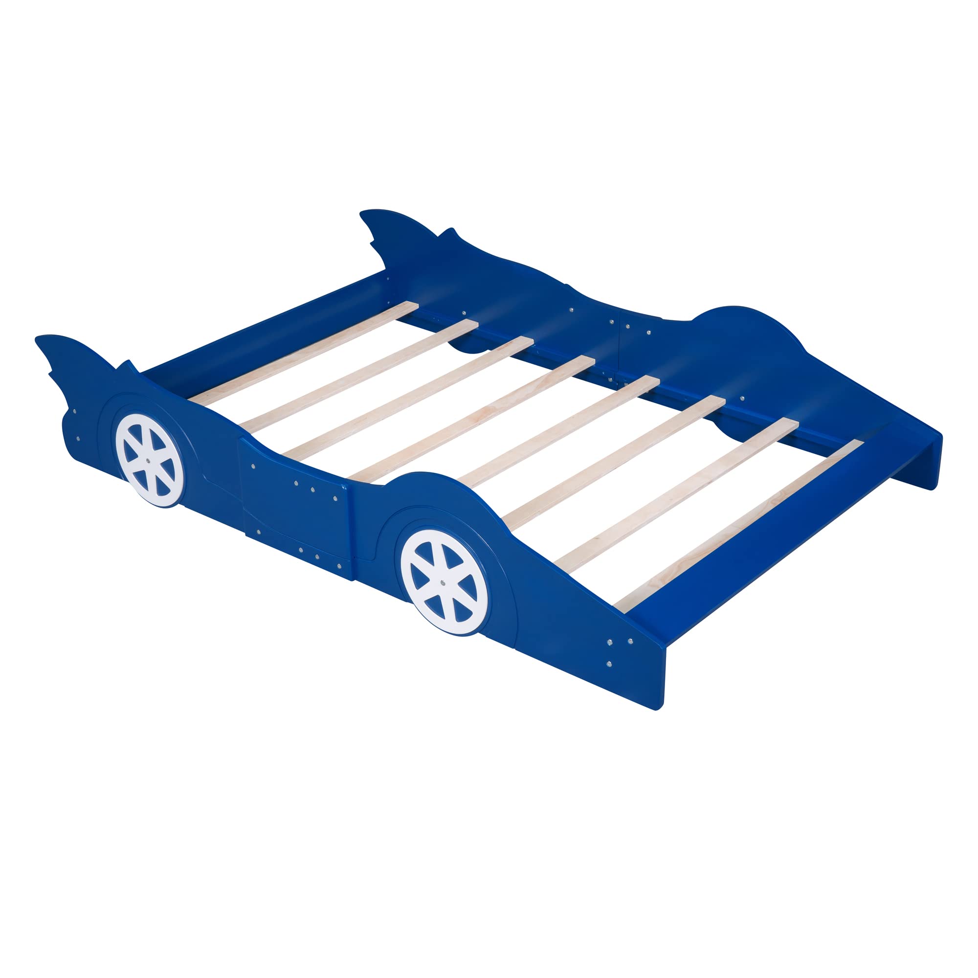 SOFTSEA Full Size Car-Shaped Platform Bed, Solid Wood Platform Bed with Wheels for Kids Boys Girls, No Box Spring Needed, Without Headboard, Blue