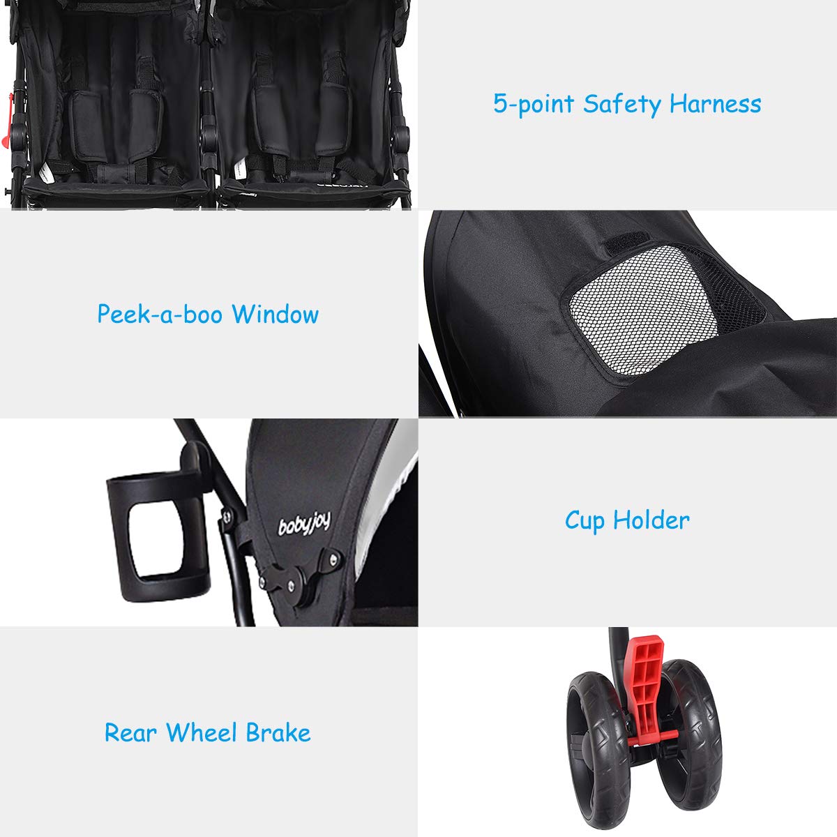 BABY JOY Double Light-Weight Stroller, Travel Foldable Design, Twin Umbrella Stroller with 5-Point Harness, Cup Holder, Sun Canopy for Baby, Toddlers (Black)