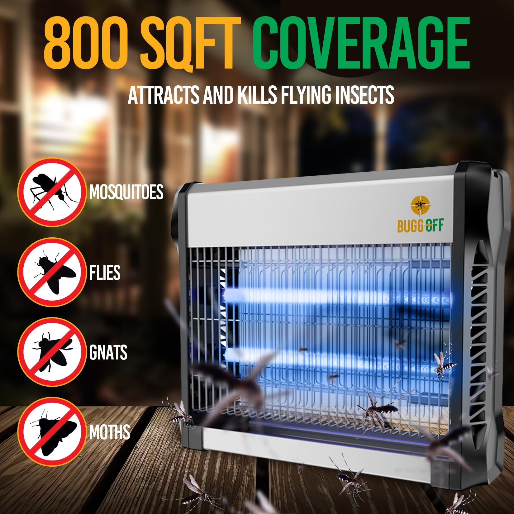 BUGG OFF Indoor Electric Bug Zapper, 800 SQFT Coverage, 3500 Volts of Stunning Power, 20 Watts, Kills Mosquitos Gnats, Flys & More. 5 Year Warranty, X2 Free Repalcment Bulb