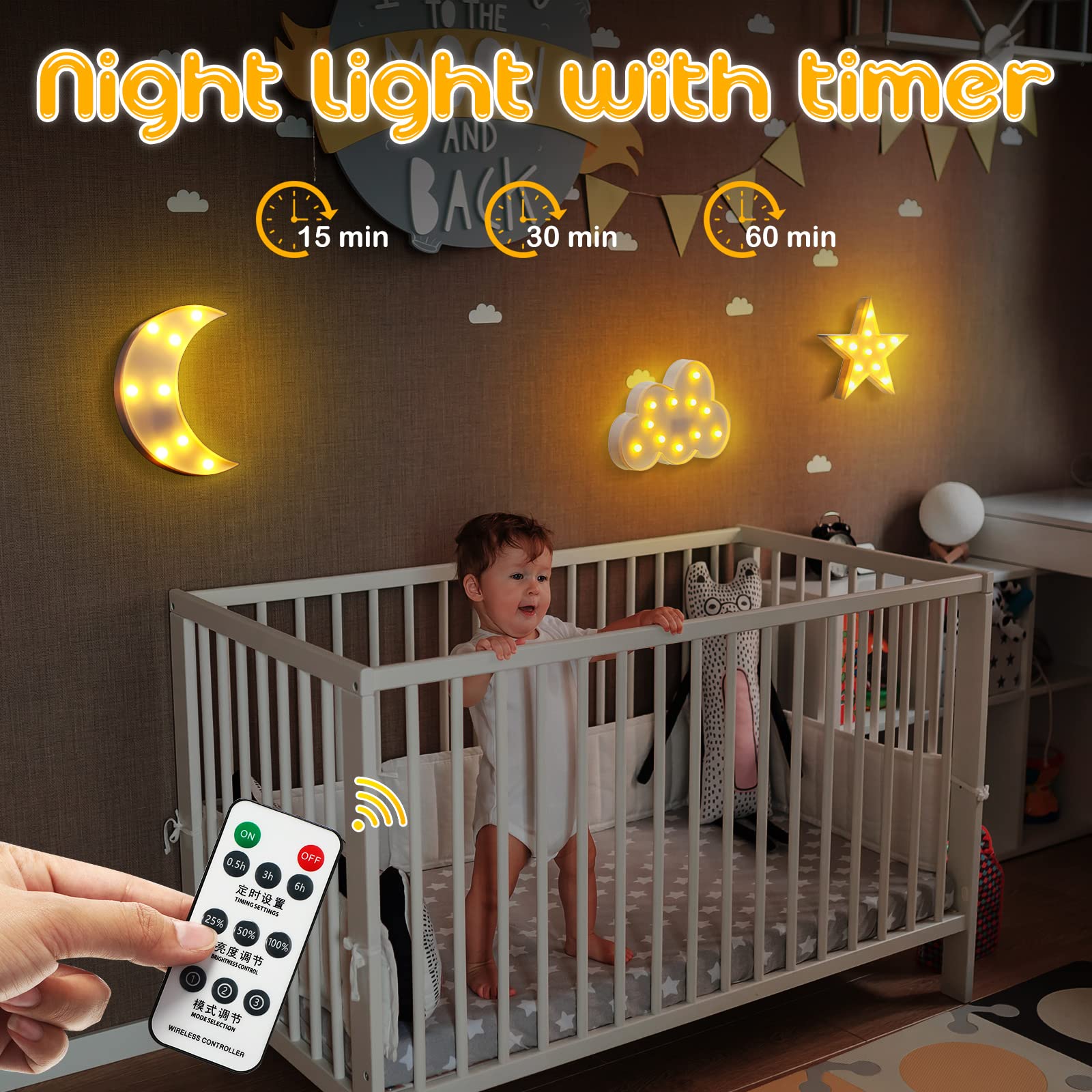Coume 3 Pcs Decorative LED Night Lights 3D Crescent Moon Star Cloud Night Lights Remote Control Room Lights for Birthday Party Holiday Baby Room Nursery Decoration(Blue)