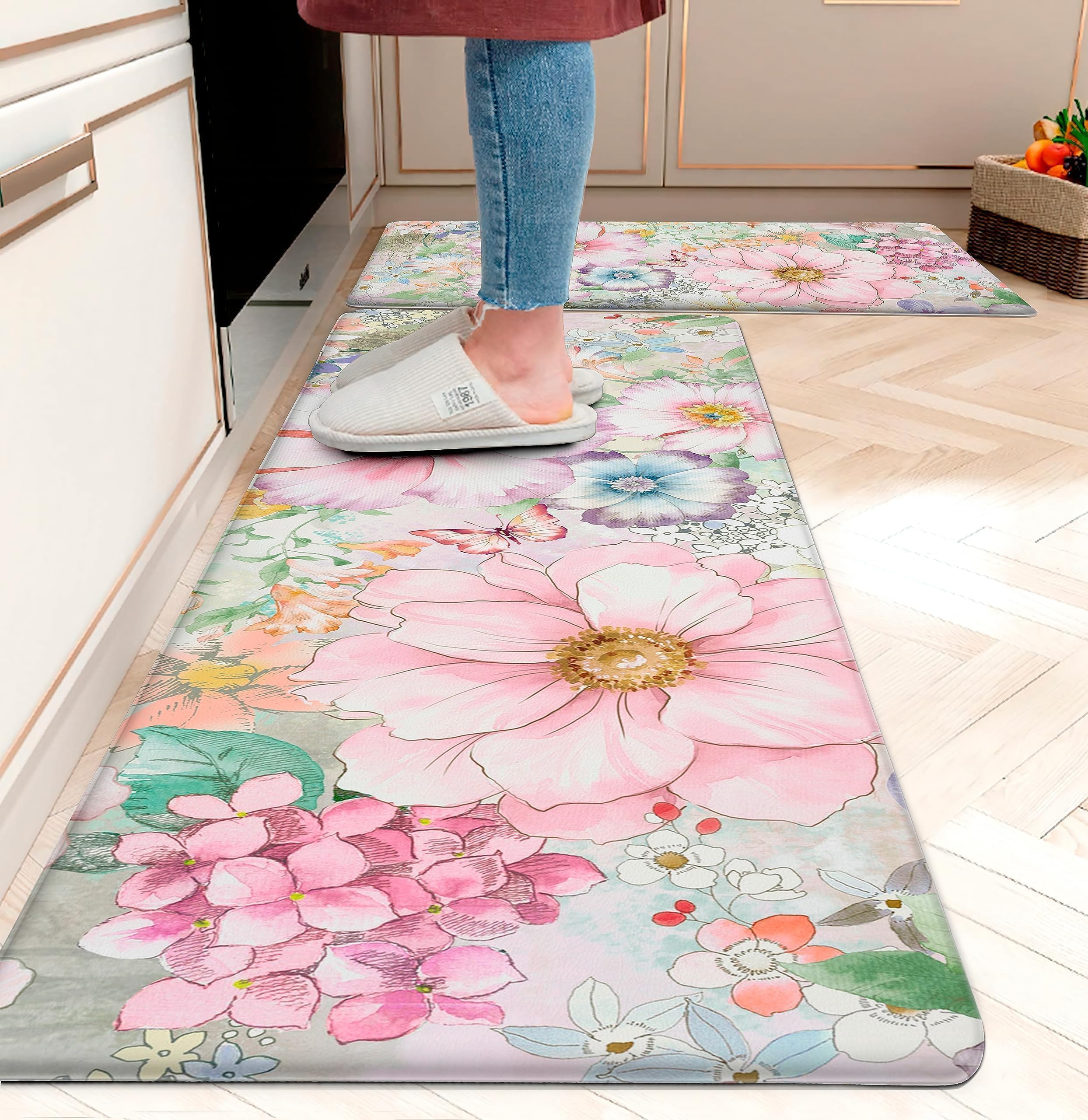 chiinvent Pink Floral Kitchen Rug Mats Set of 2 Boho Flower Anti Fatigue Kitchen Mats for Floor Non-Slip Cushioned Kitchen Floor Mat Comfort Standing Memory Foam Mat Waterproof PVC (17.3X 28+17.3X 47)