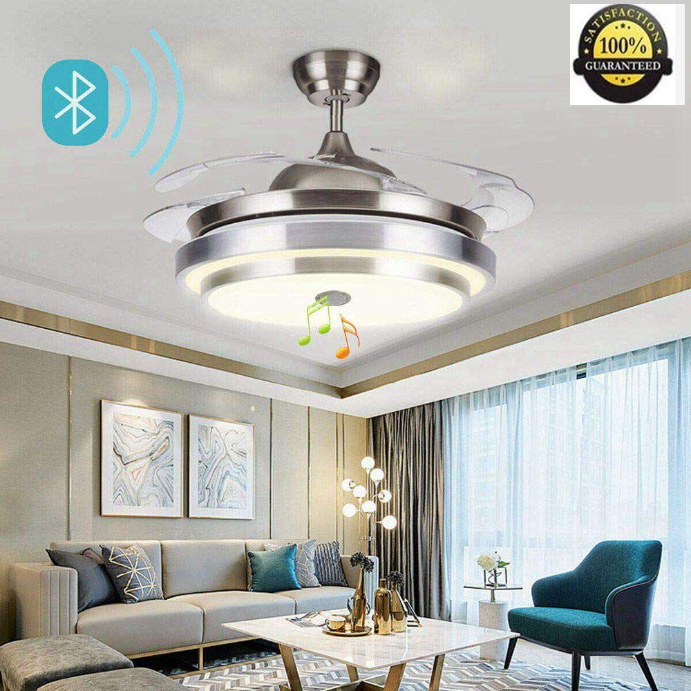 Carmyra 42 Inch Modern Retractable Ceiling Fans with Light Smart Bluetooth Music Player Chandelier 7 Colors Invisible Blades with Remote Control