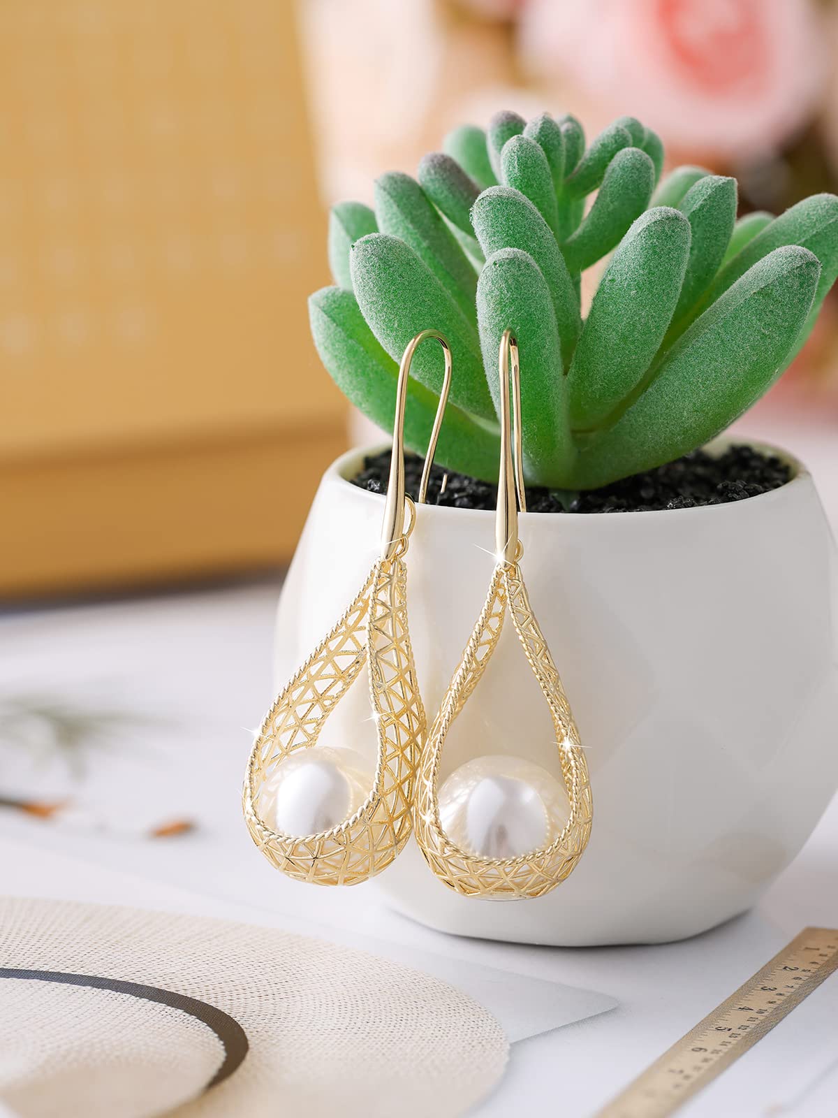 Big White Pearl Dangle Pierced Earrings for Women (White-14K Gold)