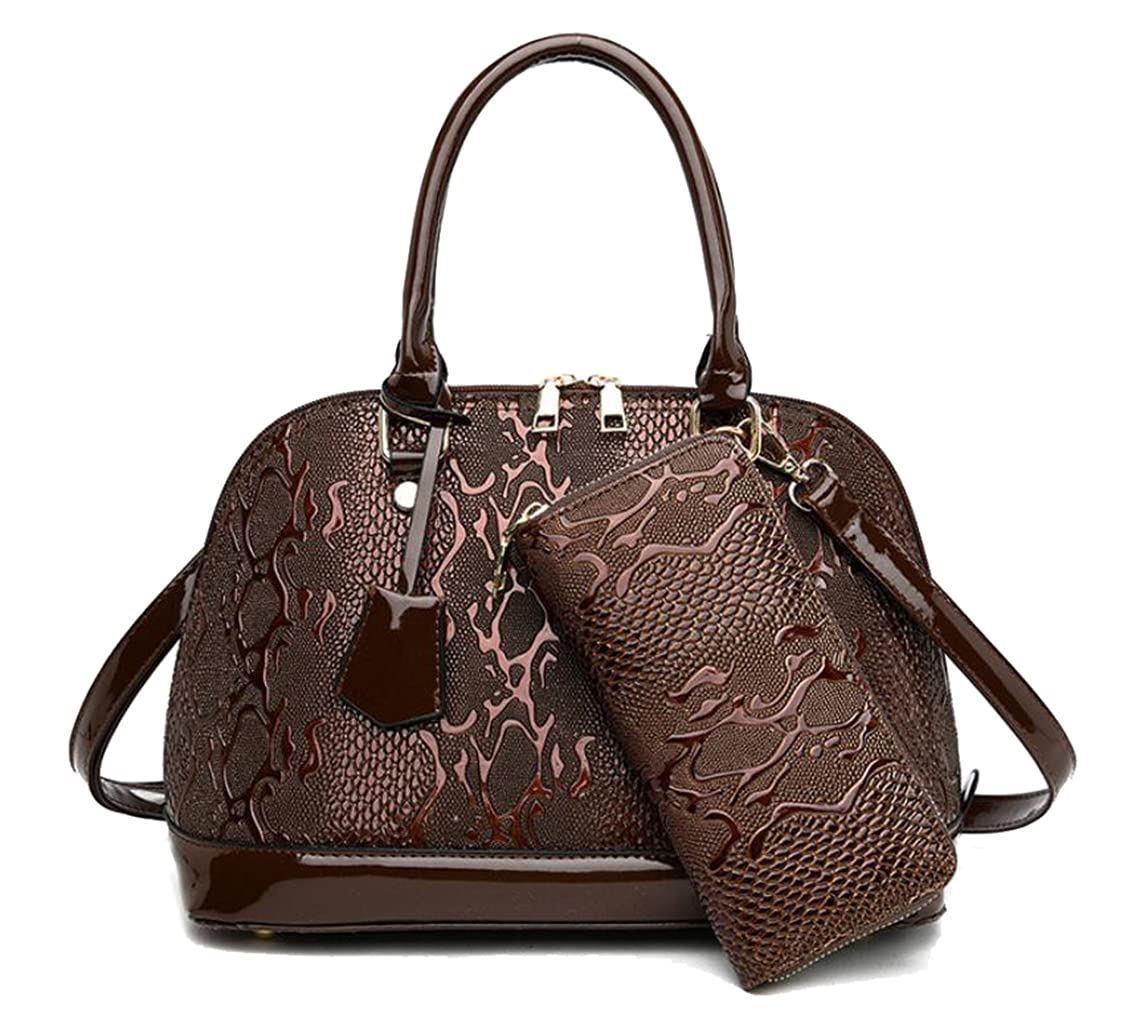 Patent Leather Handbag Crocodile Pattern Top Handle Purse Shell Bag Come with Wallet (Brown)