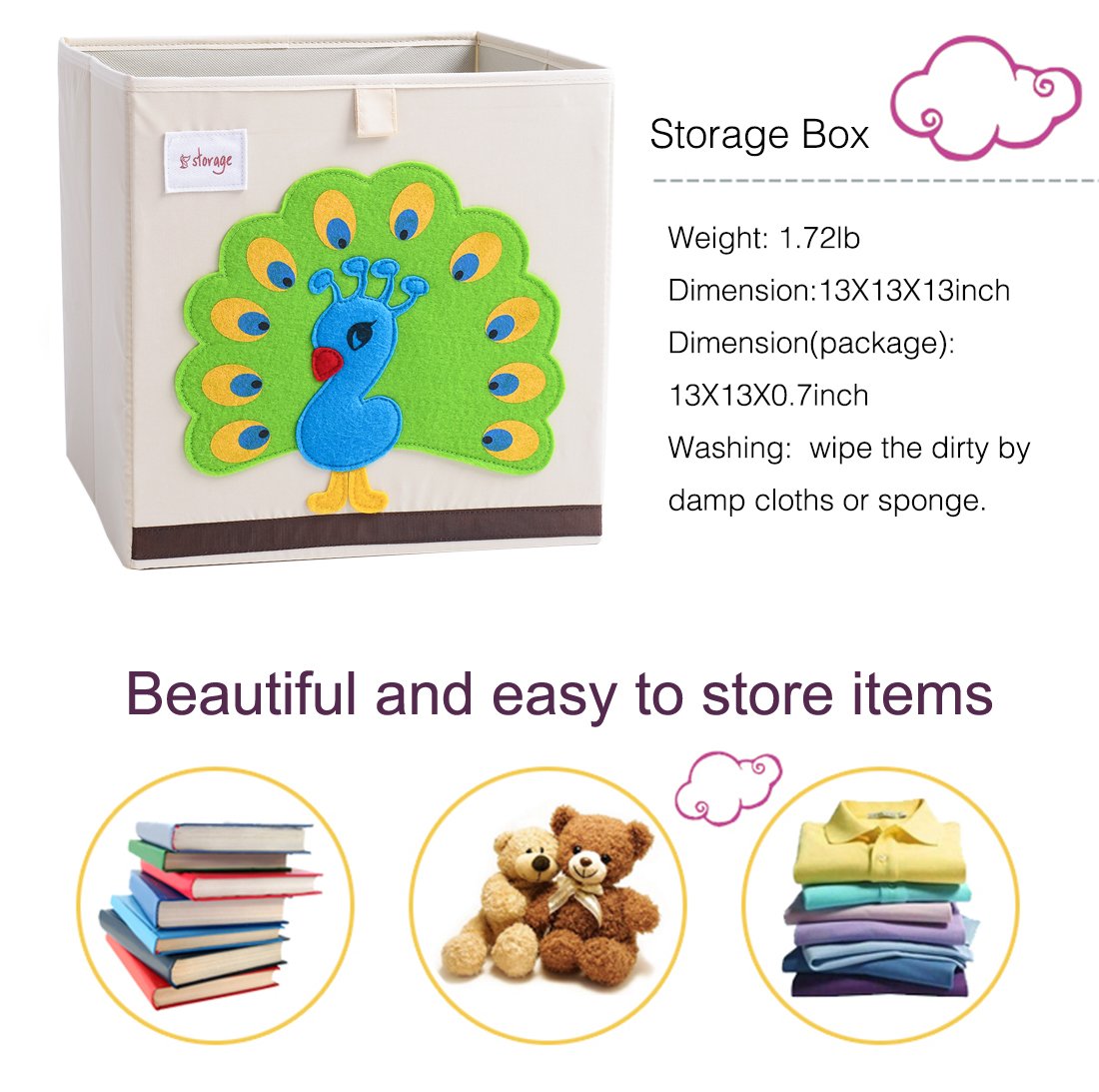 DODYMPS Foldable Animal Canvas Storage Toy Box/Bin/Cube/Chest/Basket/Organizer For Kids, 13 inch (Peacock)