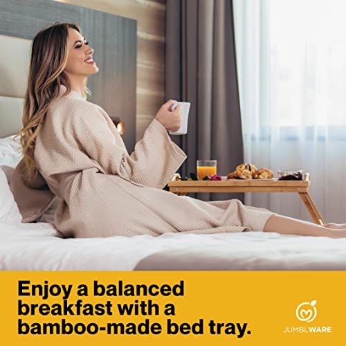 JumbleWare Bamboo Bed Tray. Portable Wooden Breakfast in Bed Serving Table Set with Folding Legs & Carry Handles for Eating Food or Working on Laptop. Great Home Gift for Women, Men, Kids & Elderly