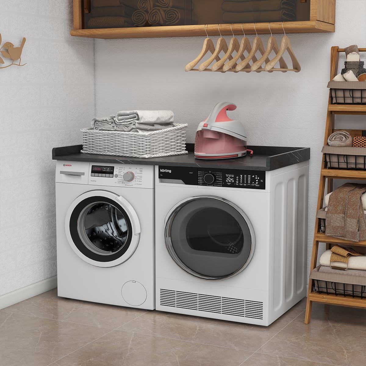 dooloric Washer Dryer Countertop, Laundry Counter top with Edge Rails Non-Slip Pads,27.6" Depth x 54" Width Wood Topper for Washer Dryer,Laundry Machine Cover for Storage and Organization Oak