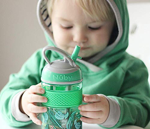 Nuby Thirsty Kids Flip-it Freestyle On The Go Water Bottle with Bite Resistant Hard Straw and Easy Grip Band, Green Banana Leaves, 12 Ounce