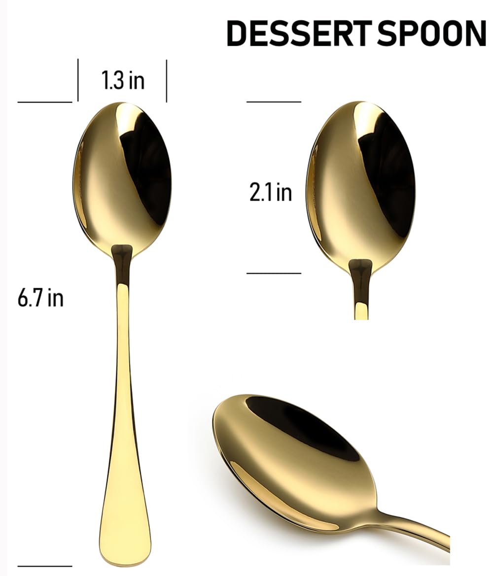 WYT Gold Teaspoons Set of 8, Stainless Steel Gold Silverware Dessert Spoon, Coffee Spoon, Mirrored Finish, Dishwasher Safe, 6.7-Inches