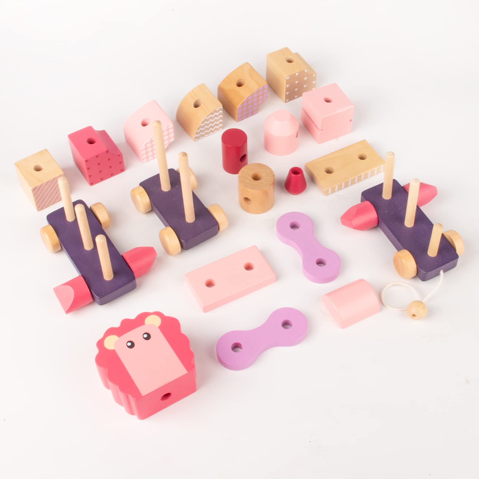 Toddler Montessori Toy, Wooden Block Train Set Stackable Building Blocks Toy Shape Sorter Toy Pink Lion Pull Toy for Baby Girl Ages 2 4 3 Years Birthday Gift Early Learning Educational Toy