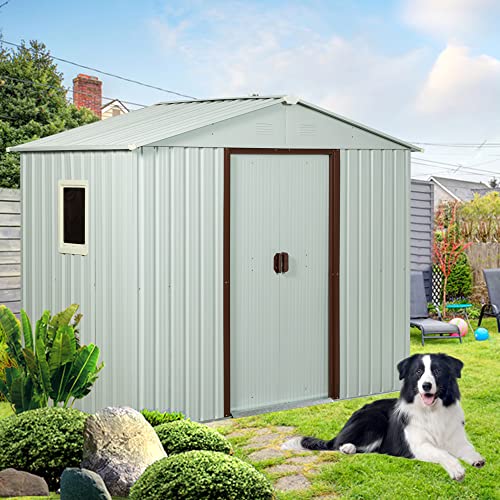 KELRIA 8ft x 4ft Outdoor Metal Storage Shed with Metal Floor Base,Metal Outdoor Storage Sheds with Sliding Doors and Window, Garden Shed Utility Tool Shed with Pent Roof for Backyard Lawn, White