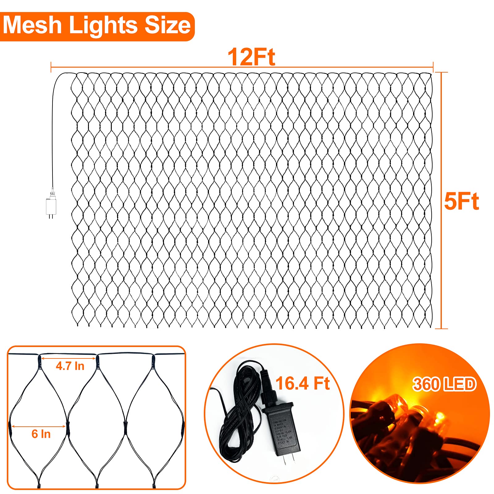TURNMEON 360 LED 12Ft x 5Ft Halloween Net Lights Outdoor with 8 Flash Modes, Timer, Plug in, Orange Red Mesh Lights, Connectable Waterproof Halloween Decoration Outside Outdoor Bushes Yard Garden Tree