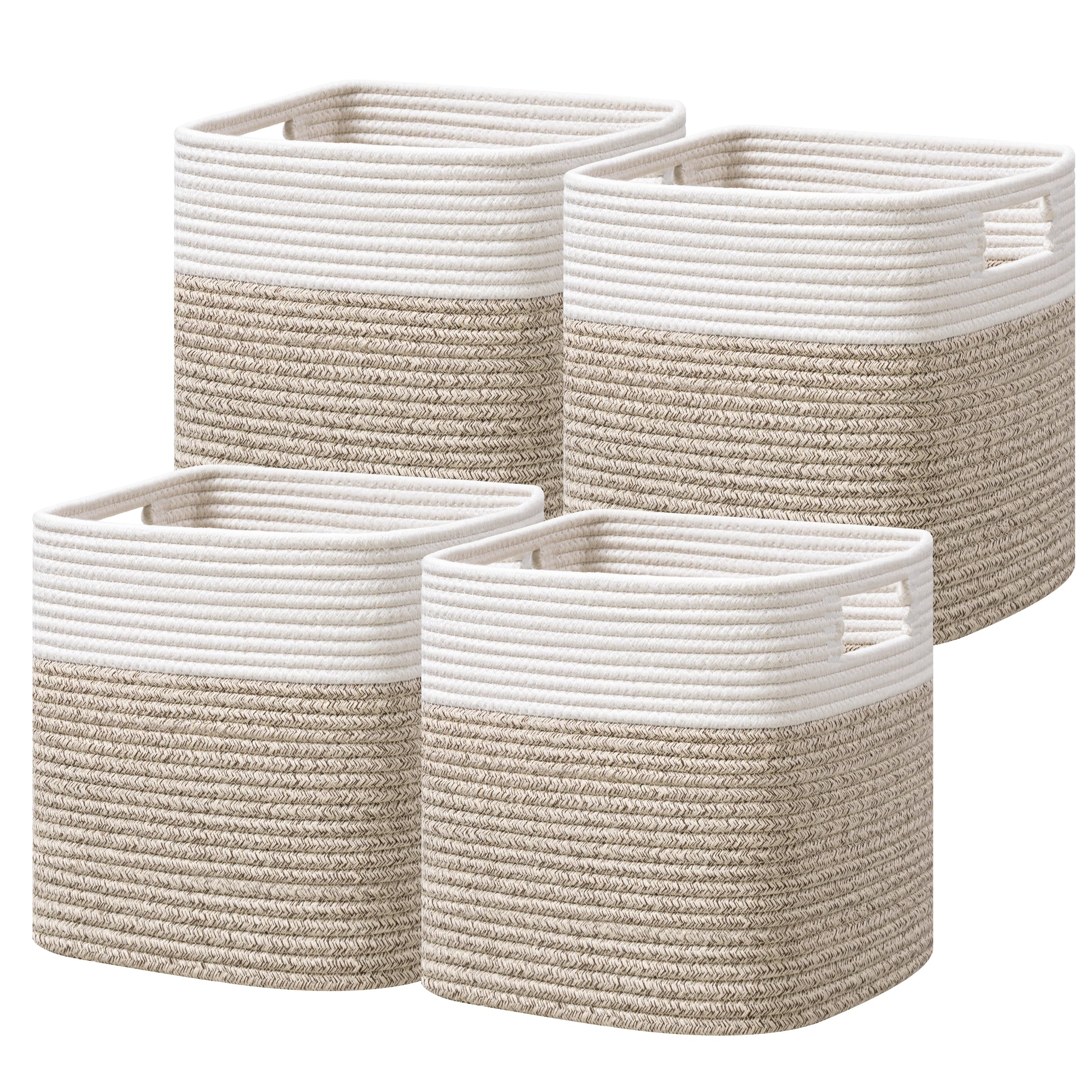 Dreamcountry 13x13 Cube Storage Bins, Storage Cubes with Handles, 4 Pack Cotton Rope Basket for Shelves, Cube Storage Organizer forToys, Book, Clothes, Home, Office, Nursery, White/Brown
