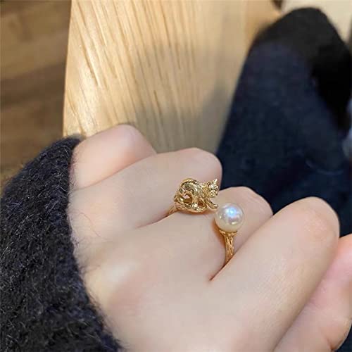 CCijiNG Christmas Pearl Ring for Women 14K Gold Plated Adjustable Open Wrap Ring Fashion Eternity Statement Jewelry for Christmas Gift(Cat Pearl)