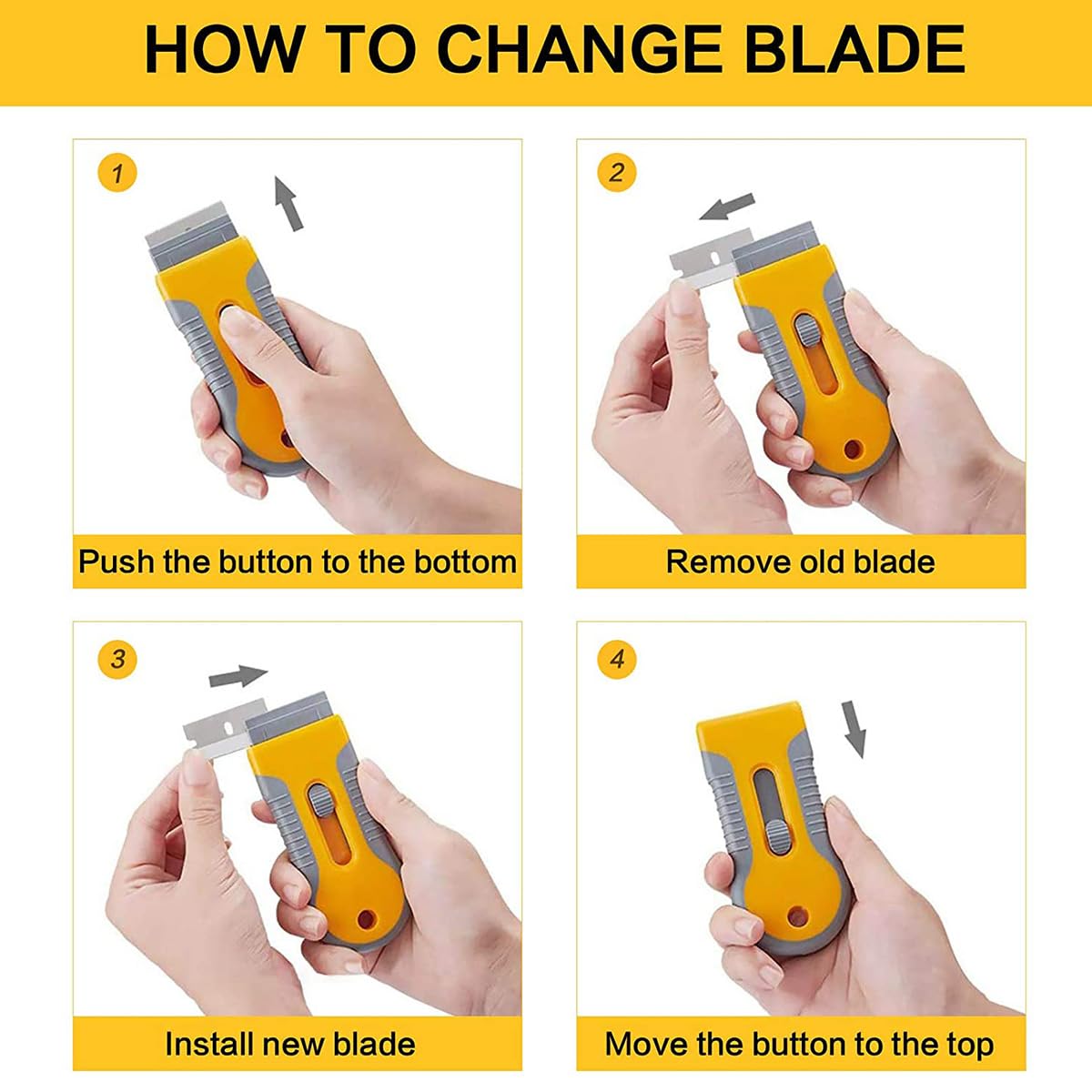 PTSTEL Razor Blade Scraper with 10pcs Stainless Steel Razor Blades, Blade Scraper Tool, Cleaning Scraper Tool for Removing Labels, Stickers, Decals (Yellow)
