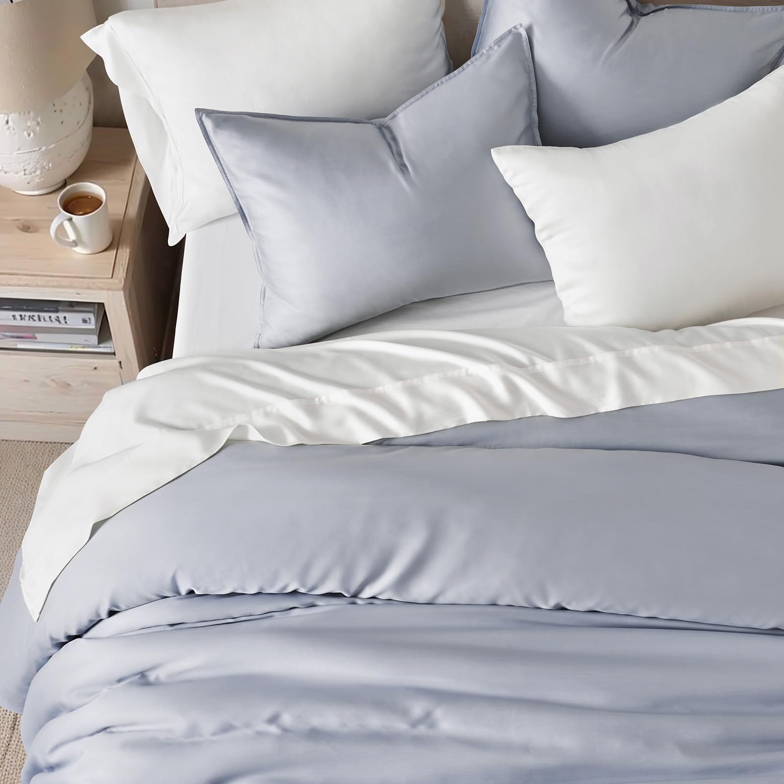 EVERGRACE Tencel Lyocell Cooling Duvet Cover Set King Size 3 Piece, 100% Natural Eucalyptus Lyocell Fiber from Austria, Luxury Silky Soft Comforter Cover with 2 Shams, Pearl Blue, 90"x104"