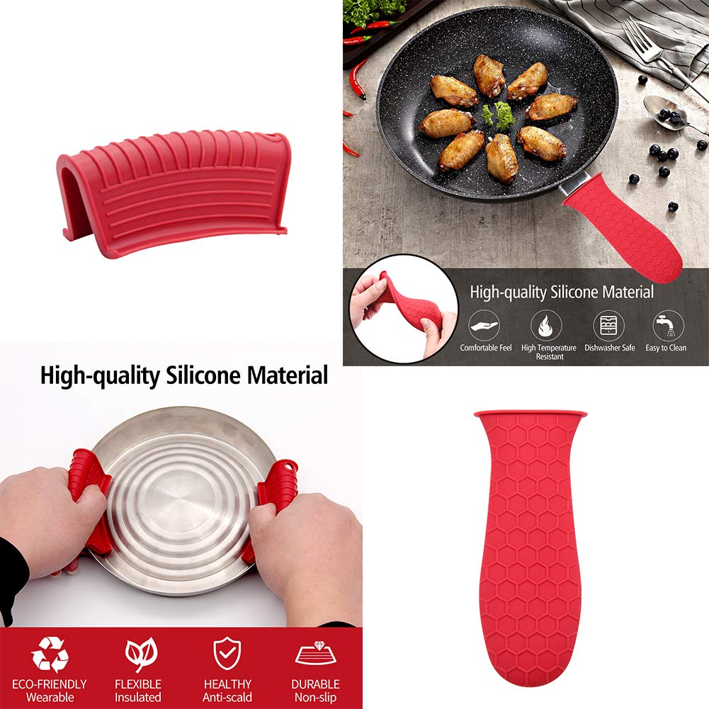 Cast Iron Skillet Handle Covers Silicone Hot Handle Holder,4 Pieces Pan Handle Sleeve Pot Holders Cover,Non Slip Rubber Pot Holders for Cast Iron Skillet Metal Pan (Red)