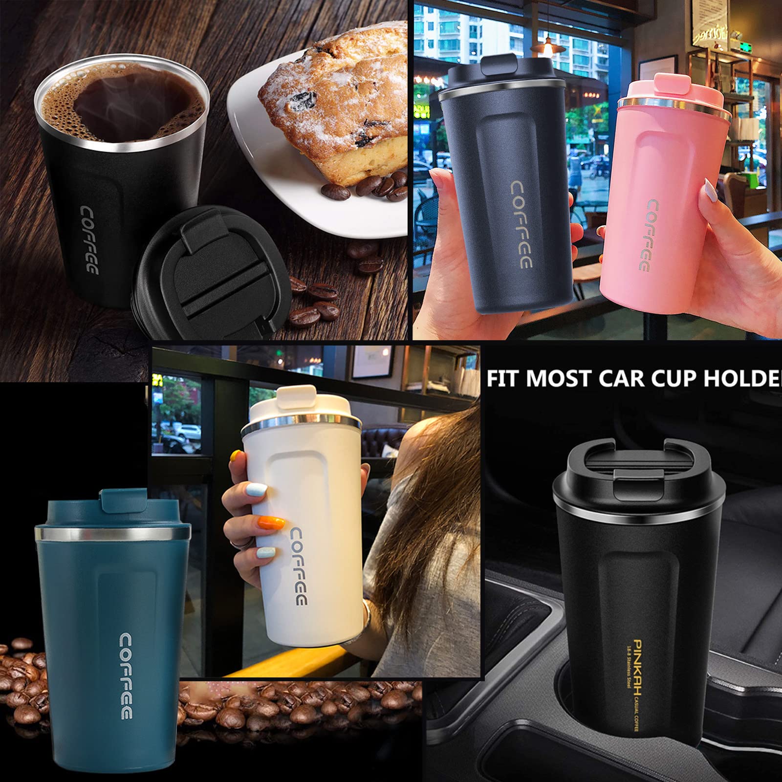 CCFENGUP 13oz Travel Mug, 380ml Insulated Coffee Mug Spill, Stainless Steel Vacuum Tumbler, Small Water Bottle with Lid, Double Wall Leak-Proof Thermos for Keep Hot/Ice Coffee,Tea, Pink