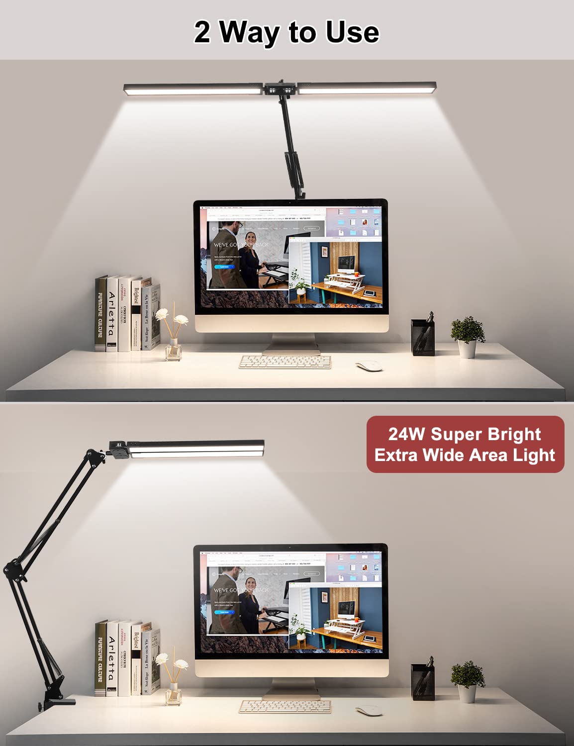 BRISON Double Head LED Desk Lamp, 24W for Home Office with 160 LED Beads, Swivel Arm Architect Desk Light with Clamp, 3 Lighting 10 Brightness, Adjustable Table Light for Read/Monitor/Work